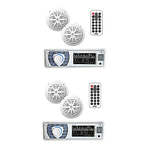 Pyle PLMRKT36WT 5.25 Inch Waterproof Bluetooth Marine Stereo Receiver and Speaker Kit with Hands Free Calling and Wireless Streaming, AM/FM Radio, MP3/USB/SD Input, White (2 Pack)