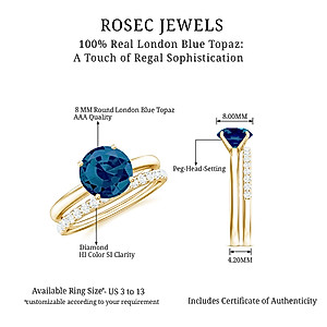 Real London Blue Topaz and Diamond Wedding Ring Set| 8 MM Round| AAA Quality| Certified Bridal Ring Set, 14K Yellow Gold, Size:US 8.50