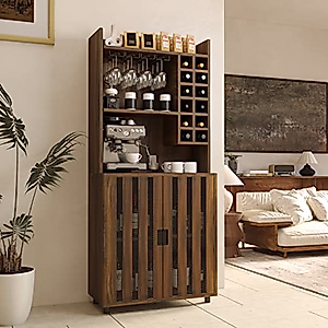 Apepro Wine Bar Cabinet for Liquor and Glasses with 12 Wine Bottle Racks, Kitchen Hutch Storage Cabinet for Living, Dinning Room, Hallway—Doors That Combine Wire Mesh with MDF