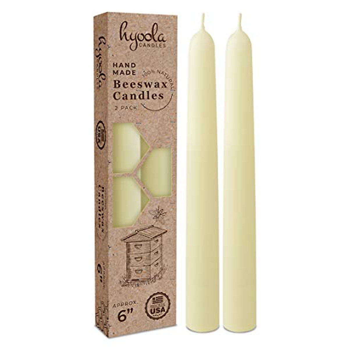 Hyoola 6" Beeswax Taper Candles - 6 Hour Burn Time - White Beeswax Candles - 2 Pack