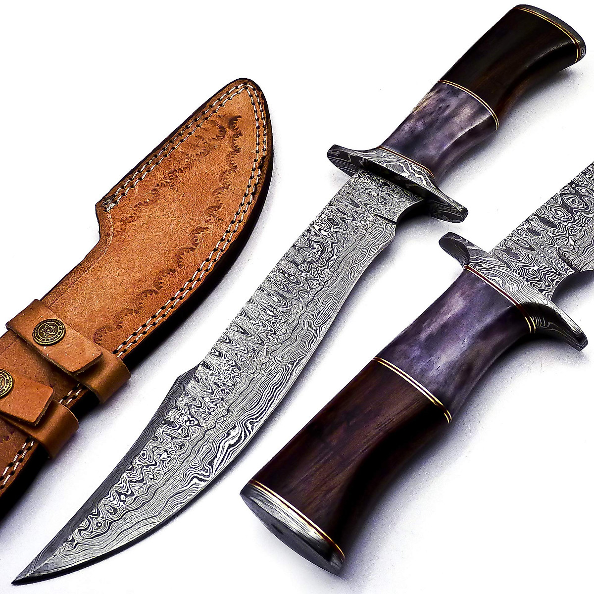 Nooraki BK-42 Handmade Damascus Steel Fixed Blade Bowie Knife with Leather Sheath, Full Tang Multipurpose Knife with Solid Marindi Wood and Bull Horn Bone Handle for Outdoor Use, 15", B/White
