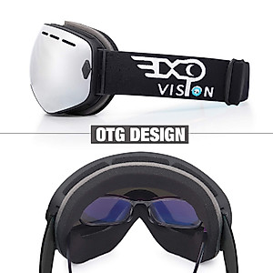 EXP VISION Snowboard Ski Goggles Men Women Youth, Anti Fog OTG Winter Snow Goggles Spherical Detachable Lens (Silver)