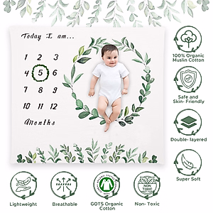 Organic Baby Monthly Milestone Blanket for Boys and Girls Muslin Cotton Baby Month Blanket with Leaf Wreath Frame Newborn Milestone Mat for Growth Photography, Swaddle (Green Leave)