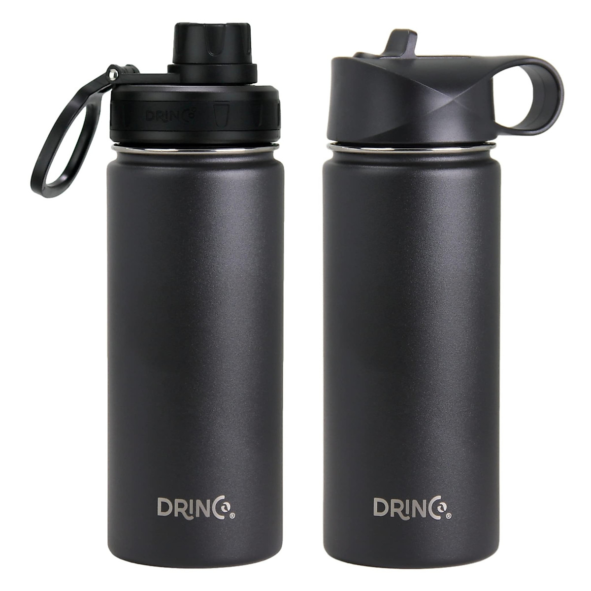 DRINCO Stainless Steel Water Bottle Spout Lid Vacuum Insulated Double Wall Water Bottle Wide Mouth (40oz 32oz 22oz 18oz 14oz) Leak Proof Keeps Cold or Hot (18 oz, 18oz Black)