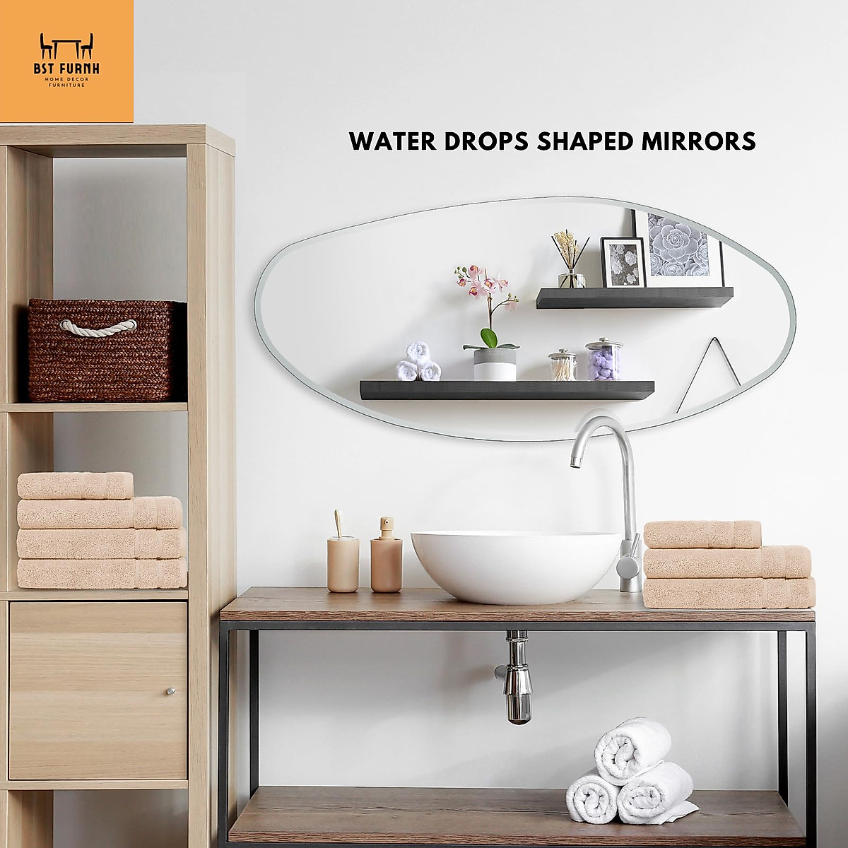 BST FURNH Irregular Wall Mirror, 20'x20 Wavy Asymmetrical Frameless Design for Bathroom, Bedroom, Living Room & Entryway – Modern Decorative Wall Mirror