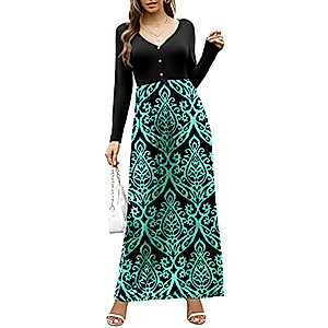 GRECERELLE Women's Long Sleeve Casual V Neck Plain Floral Print Maxi Dresses with Pockets Long Dress