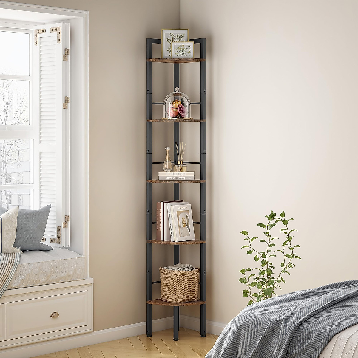 Tajsoon Narrow Corner Shelf Stand 5 Tier 66.5" Industrial Corner Ladder Shelves with Metal Frame, Multipurpose Tall Corner Bookshelf Bedroom, Living Room, Office, Kitchen, Rustic Brown
