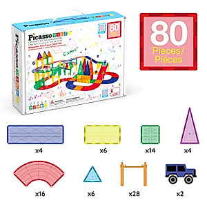 PicassoTiles 80 Piece Race Car Track Building Block Educational Toy Set Magnetic Tiles Magnet DIY Playset 2 Light Up Car STEM Learning Construction Kit Hand-Eye Coordination Fine Motor Skill Training