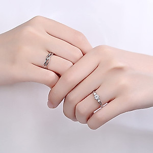 Cathay Select Sterling Silver Couple Zircon Diamond Rings Set, Adjustable Matching Rings, Wedding Promise Love Relationship Rings