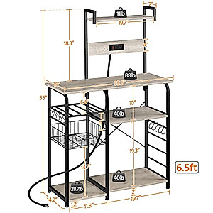 Yaheetech Bakers Rack with Power Outlet, 4-Tier Microwave Stand Cart Coffee Bar with Wire Basket and Wine Storage, Freestanding Kitchen Organizer Rack with 10 Hooks, Gray