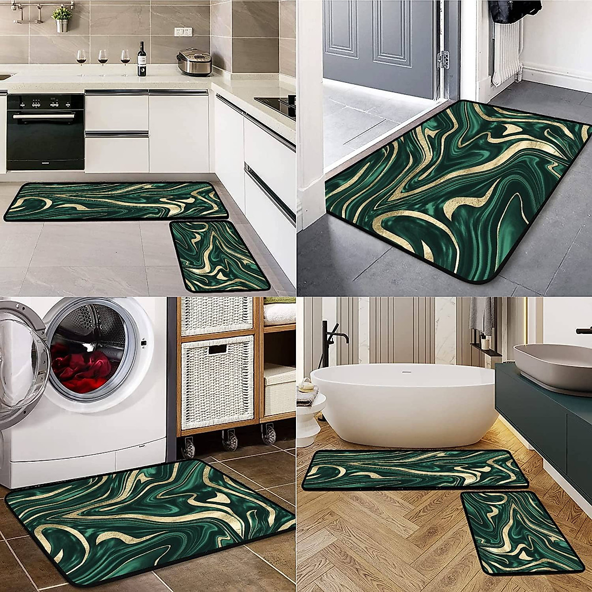 VIUBGCPS Kitchen Rugs Set Emerald Green Black Gold Marble 1 Decor Art Kitchen Mat for Floor Non-Slip Washable Kitchen Runner Doormat Bath Rug Carpet Comfort Standing Mats Decorations
