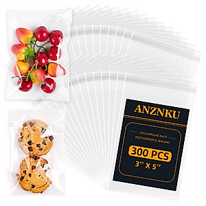 ANZNKU 300 Pcs 3x5 Inches 2.8 Mils Clear Cellophane Bags, Self Sealing Adhesive Cellophane Bags, Resealable Cellophane Treat Bags, Clear Plastic Cello Bags for Packaging Gifts, Cookies, Candy, Favors