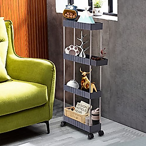 L&H UNICO 4-Tier Slim Rolling Storage Cart Small Kitchen Mobile Shelving Unit Organizer Perfect for Tight Spaces with Little Storage Basket, Gray