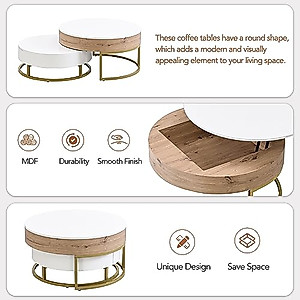 Modern Round Lift-top Nesting Coffee Tables with 2 Drawers, Wood Cocktail Table Center Table with Metal Pedestal & Concealed Storage Compartment for Living Room (Oak Natural Wood + Antique White-74)