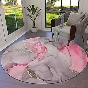 Pink Marble Area Rug Carpet for Kids Teen Girls Boys Bedroom, Living Room, Washable Outdoor Indoor Accent Throw Runner Floor Mat Area+Rug Gold Line Contemporary Geometric Grey 6FT(Round)