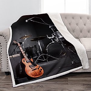 Jekeno Guitar Drum Kit Sherpa Blanket Rock Music Themed Warm Cozy Soft Throw Blanket for Music Enthusiast Adults Kids Boys Gift Sofa Bed Living Room Decor 50"x60"
