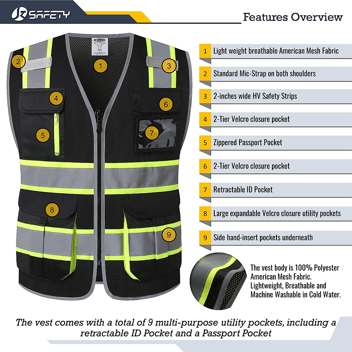 JKSafety 9 Pockets Hi-Vis Mesh Safety Vest for men and women | Chaleco reflectante de seguridad | Zipper Front | Multiple Pockets | Class 1 (140-Black XL)