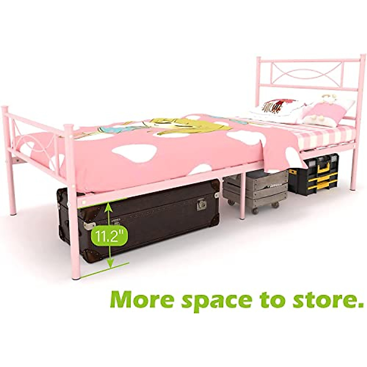 Pink Twin Bed Frame for Girls, Bed Mattress Foundation Support with Headboard and Footboard No Box Spring Need Metal Platform Bed