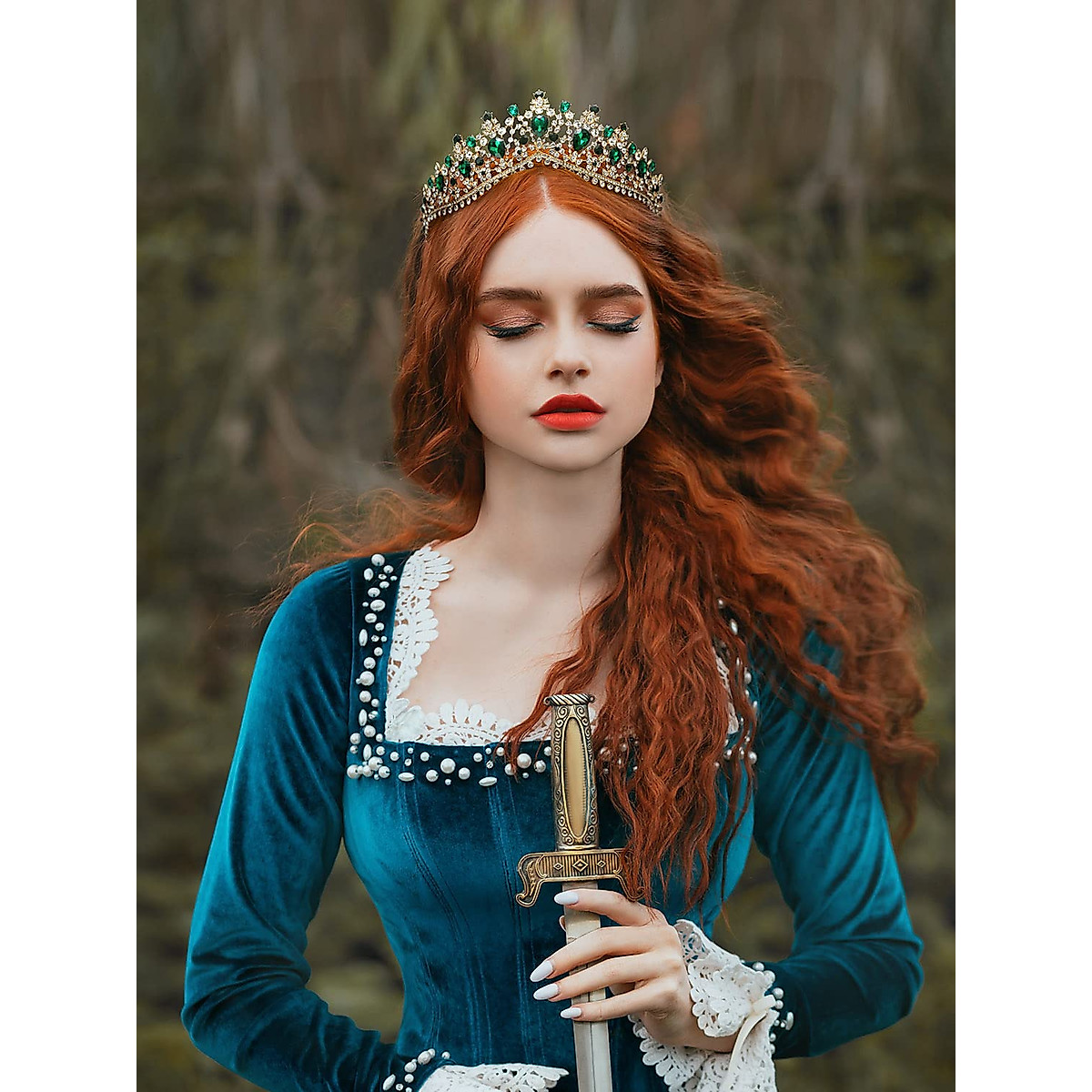 SWEETV Emerald Wedding Tiara for Women, Green Bridal Crown Princess Tiara Headband, Costume Party Accessories for Brithday Halloween Babyshower