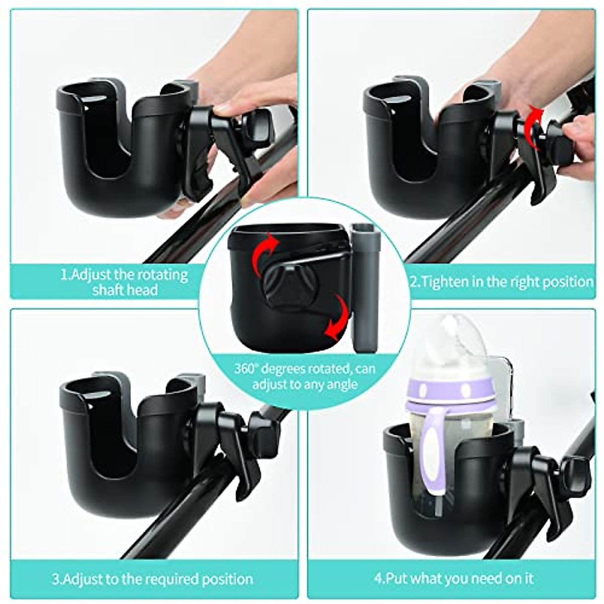 Stroller Cup Holder with Phone Holder, Bike Cup Holder, Cup Holder for Uppababy, Nuna Stroller, 2-in-1 Universal Cup Phone Holder for Stroller, Bike, Wheelchair, Walker, Scooter (Gery)