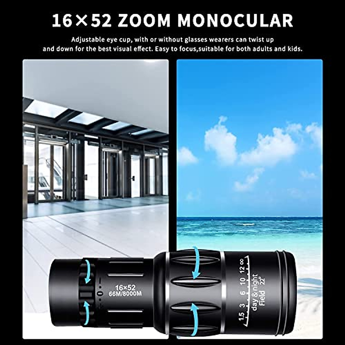 Monocular Telescope 16x52 with Night Vision,Monocular for Adults Kids,High Power Compact Waterproof Monocular,with FMC BAK4 Prism Scope Bird Watching Camping, Hiking,Concert