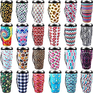 24 Pieces Iced Coffee Cup Sleeves Reusable Iced Coffee Cup Cover Neoprene Insulated Cup Sleeves Drinks Sleeve Holder for 30-32 oz Iced Coffee Cup Cold Hot Beverages Drinks, 24 Styles