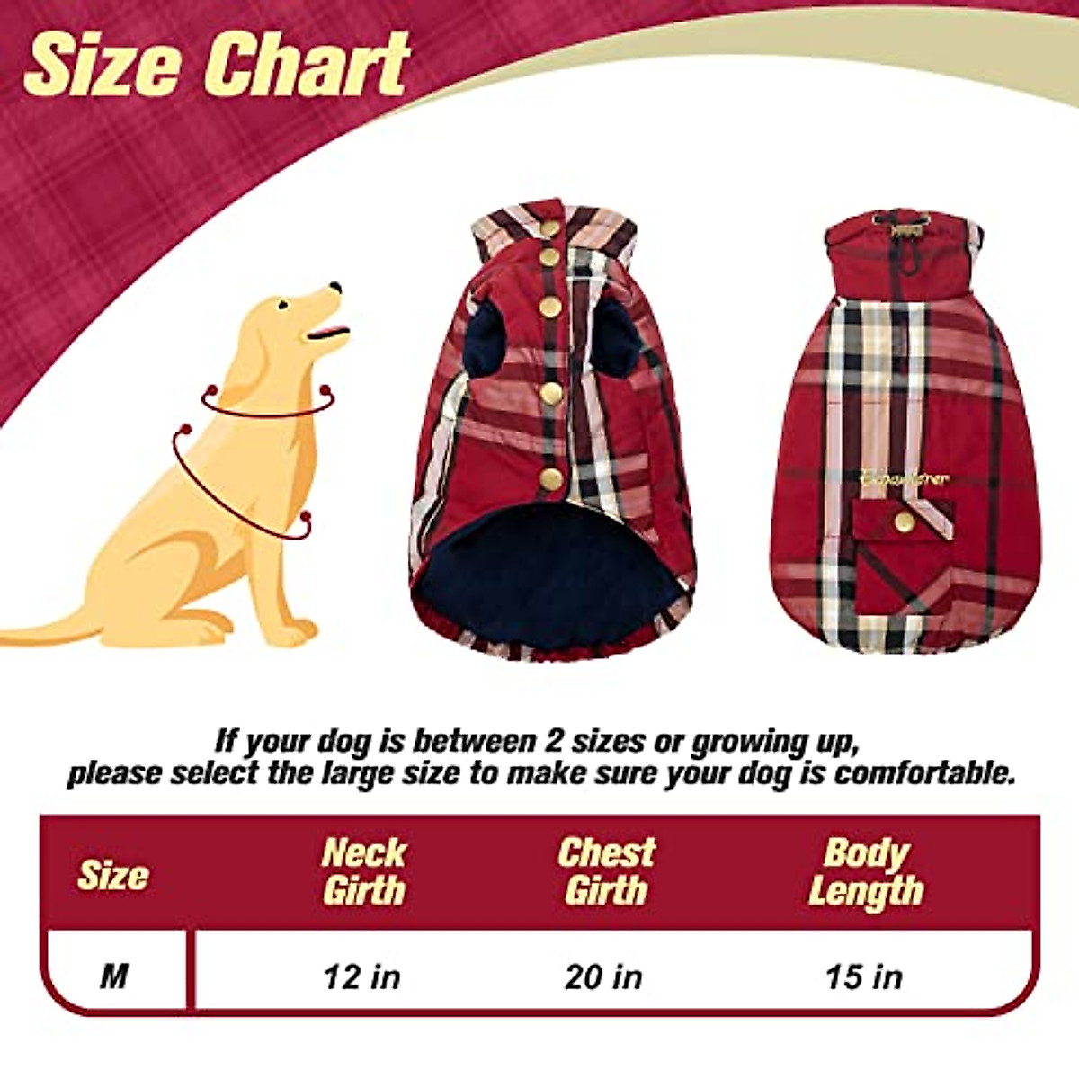 EXPAWLORER Warm Dog Coat - Cold Weather Windproof Dog Fleece Coat for Winter, British Style Plaid Dog Jacket Cloth for Small Medium Large Dogs