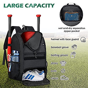 Baseball Bag Baseball Backpack with Shoe Compartment Lightweight Softball Bat Bag with Fence Hook Softball Backpacks for Girls Boys and Adult, T-Ball & Softball Equipment & Gear,Batting Glove, Helmet