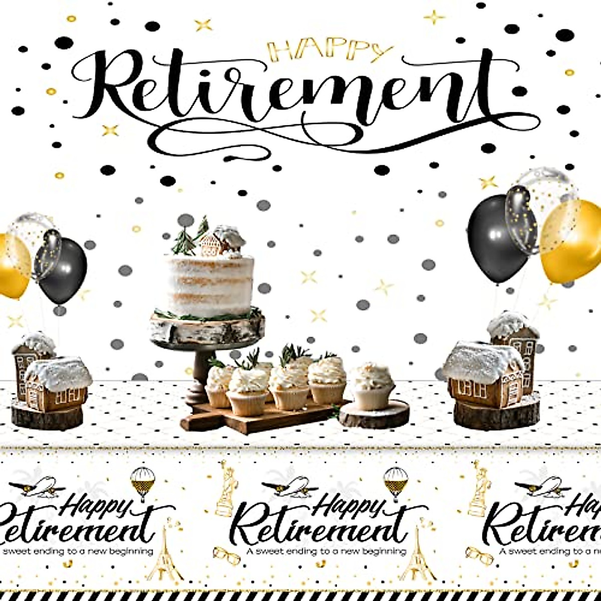 gisgfim Retirement Party Decorations Set of 3 White and Gold Happy Retirement Tablecloth for Retirement Party Supplies Table Cover Table Decorations