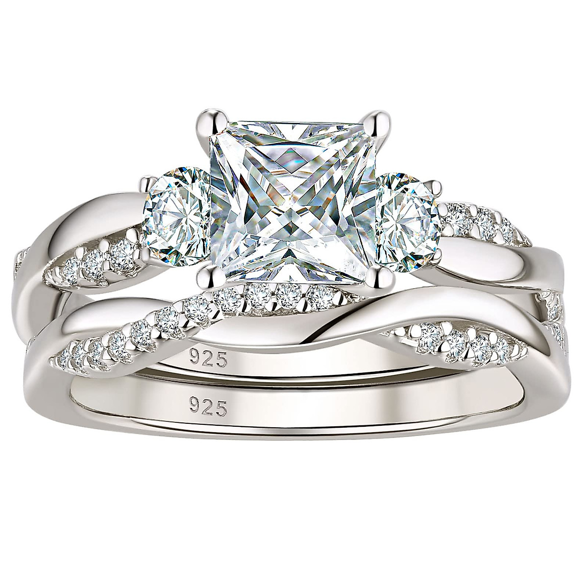 Wuziwen 1 Carat Wedding Infinity Band Bridal Ring Sets Princess AAAAA CZ Sterling Silver Size 6