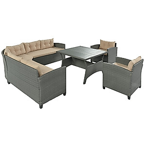 Quarte 6-Piece Outdoor Patio Furniture Sets, All-Weather Rattan Sectional Sofa with Thick Cushions/Pillows/Plywood Table Top, PE Wicker Dinning Set for Garden, Yard, Deck (Beige+6#)