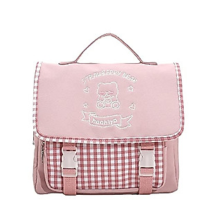 YUESUO Japanese Kawaii Plaid Bear Strawberry Backpack 3 Way Multi Bag for Girl Women JK Lolita Student Cosplay Satchel Book Bag (Pink,Medium)
