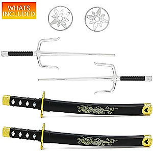 Skeleteen Ninja Sword Toy Set - Fighting Warrior Costume Set with Katana Swords, Sai Daggers, and Shuriken Stars - 6 Pieces