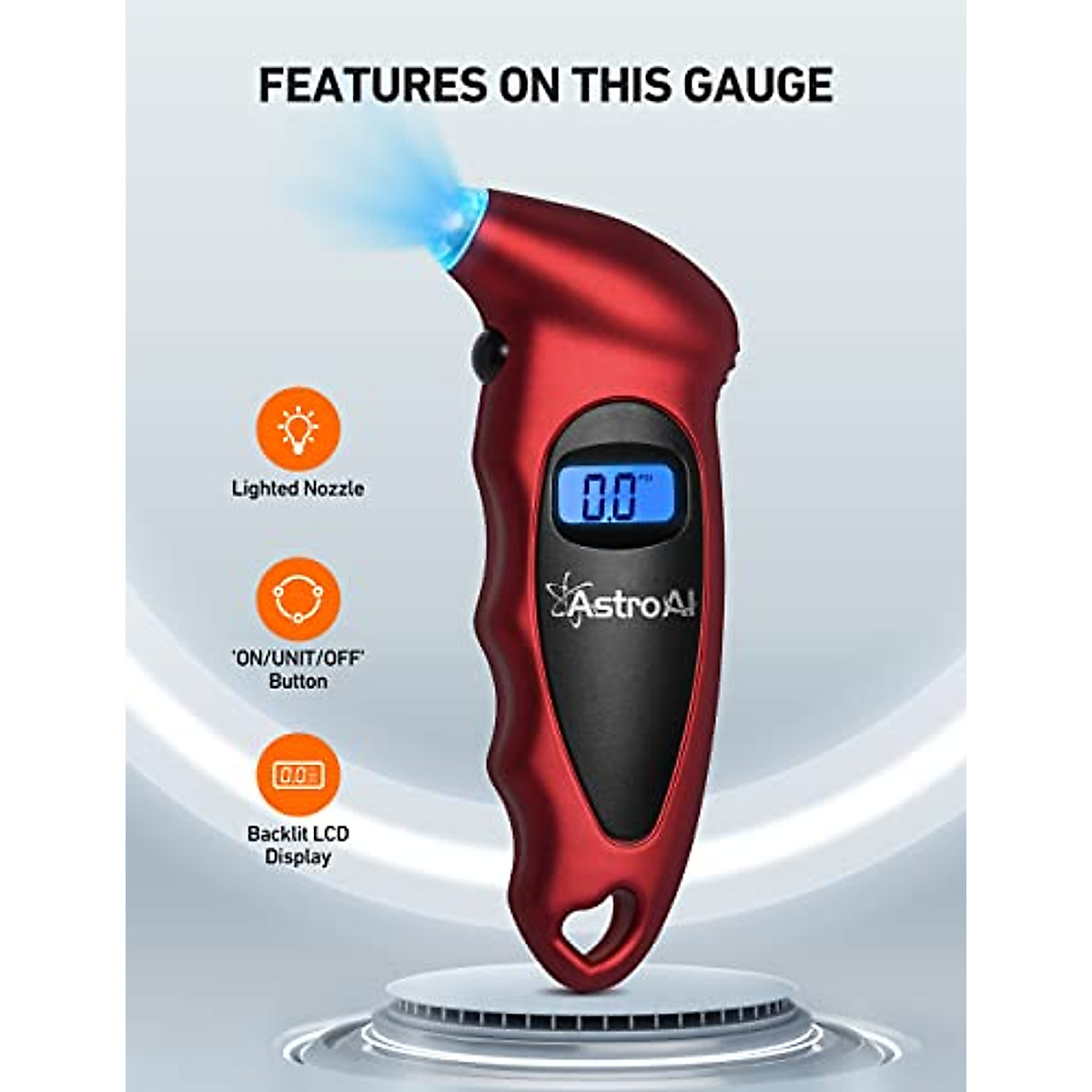 AstroAI Digital Tire Pressure Gauge 150 PSI 4 Settings for Car Truck Bicycle with Backlit LCD and Non-Slip Grip Car Accessories, Red (1 Pack)