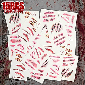 ROMROC Large Size 110PCS Halloween Temporary Tattoos 3D Temporary Makeup Kit 15 Sheets Horror Zombie Bloody Wound Tattoos Fake Stitches Tattoos for Women Men Kids Halloween Party Pranks(5A Size)