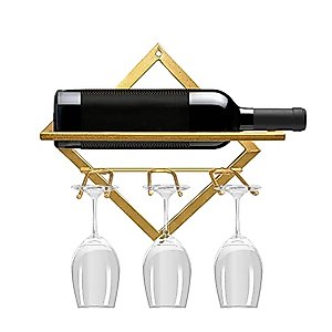 Wall Mounted Wine Rack, Foldable Metal Wine Bottle Racks with 3 Stemware Holders, Hanging Shelf for Home, Kitchen, Bar Wall Decor (Gold)