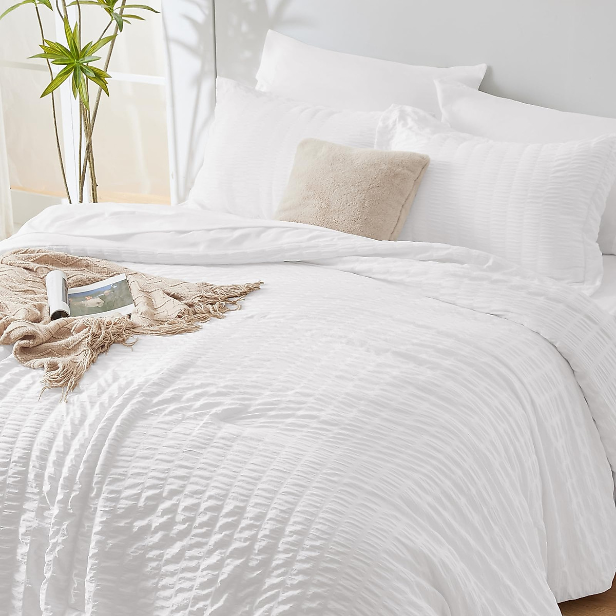 CozyLux Twin Bed in a Bag White Seersucker Textured Comforter Set with Sheets 5-Pieces for Girls and Boys - Bedding Sets with Comforter, Pillow Sham, Flat Sheet, Fitted Sheet, Pillowcase