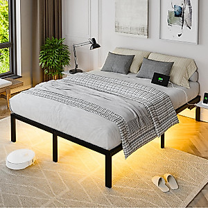 OLEVS Queen Size Bed Frame with USB and Typc C Charging Station, LED Lights, Metal Platform Frame with Heavy Duty Steel Slats, 14" Storage Space, No Noise