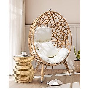Crestlive Products Patio Wicker Egg Chair with Cushion and Pillow, Oversized Rattan Hanging Basket Lounge Chair with Legs, Teardrop Cuddle for Indoor Outdoor Bedroom Garden Deck Balcony (Beige)