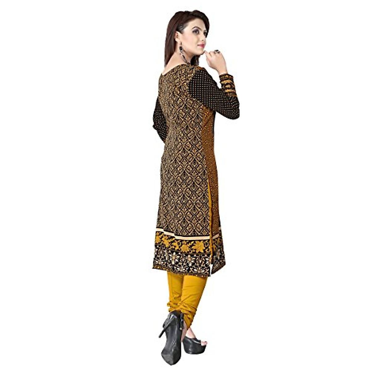 Women's Long Kurti Indian Kurti Top Tunic India Clothes (Black/Brown, 4XL)