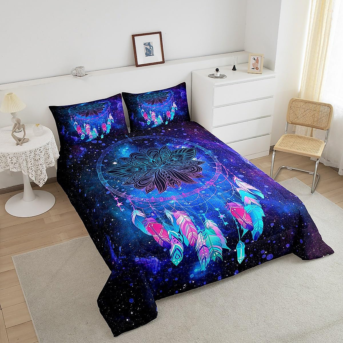 Castle Fairy Dream Catcher Comforter Set,Moon Star Galaxy Starry Sky Bedding Set Kids Teens Modern Decor,Bohemian Lotus Comforter with 1 Pillowcase for All Seasons,Twin