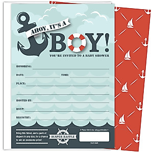 Koko Paper Co It’s A Boy Nautical Baby Shower Invitations with Tear-Off Diaper Raffle Tickets. 25 5x7 Fill in The Blank Style Invites with White A7 Envelopes.