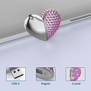 RAOYI 64GB Heart Shape USB 2.0 Flash Drive Crystal Memory Stick Thumb Drive Pen Drive Jump Drive Jewelry Pendant Necklace with Key Chain-Pink