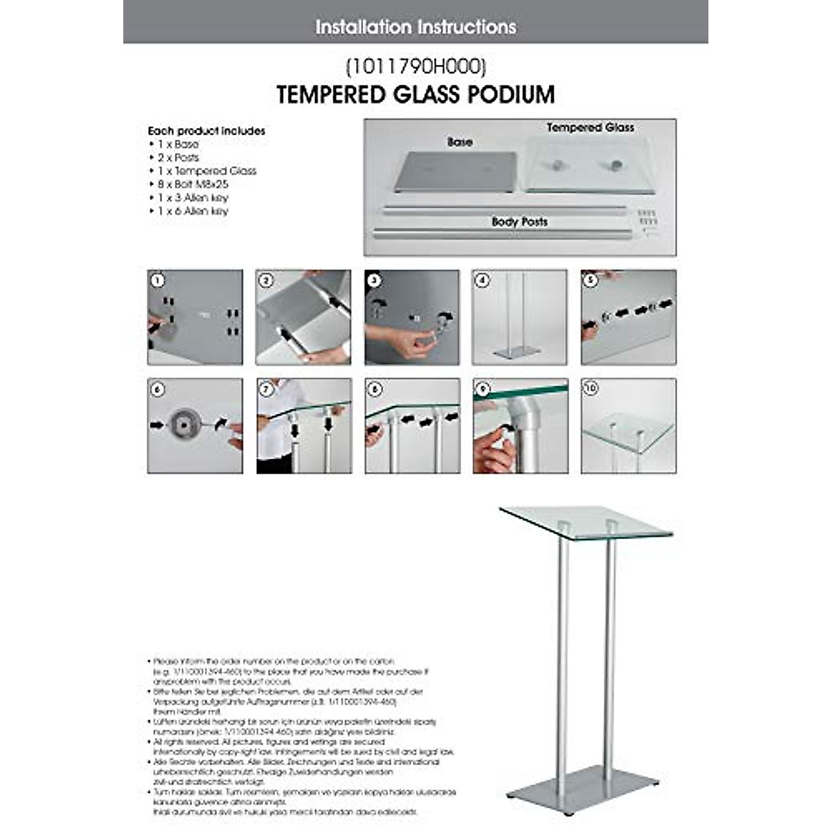 M&T Displays Tempered Clear Glass Podium Black Aluminum Body and Base 43.9 Inch Height Floor Standing Lectern Pulpit Desk
