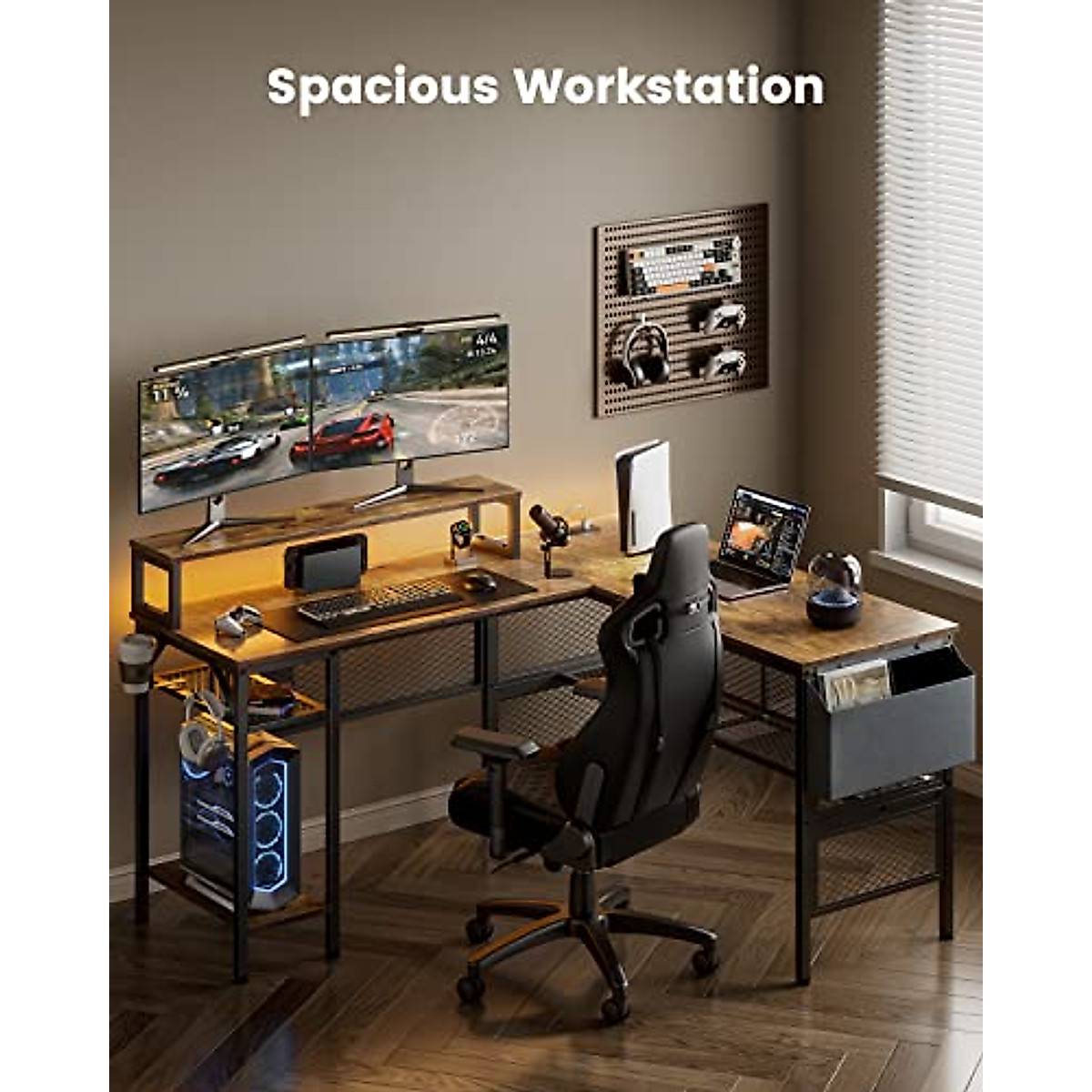 ErGear L Shaped Computer Desk with USB Charging Port and Power Outlet, 55 inch Corner Desk with Storage Shelves, 2 Person Long Gaming Table Modern Home Office Desk