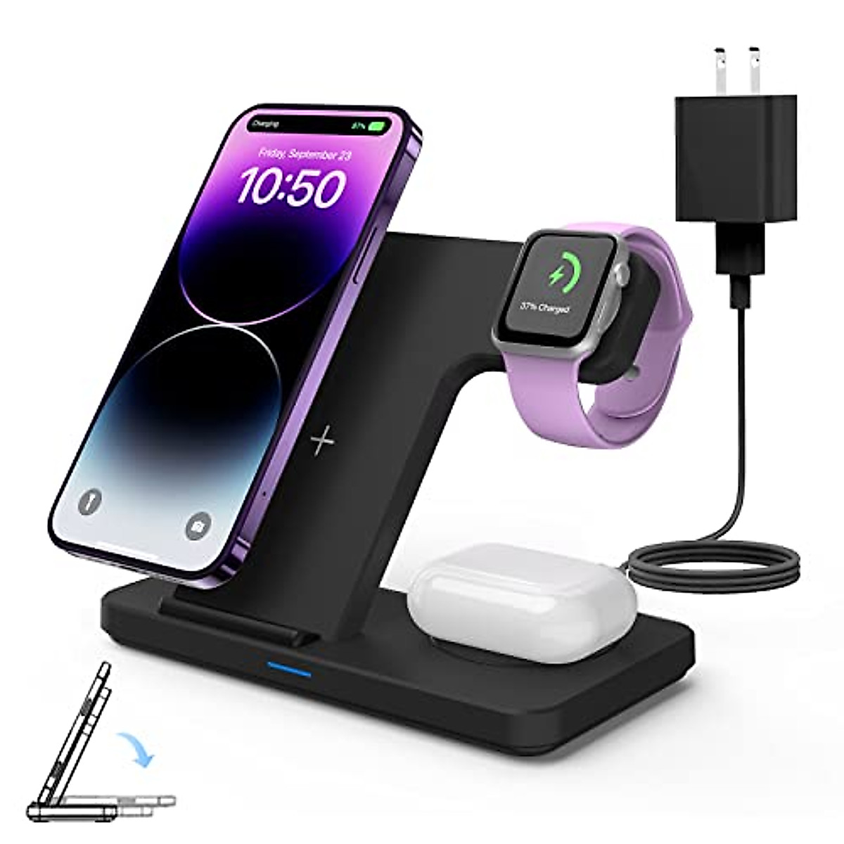 JoyGeek Foldable 3-in-1 Wireless Charger - Charging Dock for Apple, Wireless Charger Station for iPhone 14/13/12/11 Pro, Pro Max, Plus, Mini/SE/X/8, iWatch Ultra/8/7/6/SE/3, AirPods Pro/Pro2/2/3