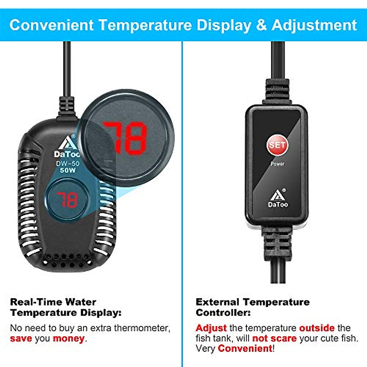 DaToo Small Aquarium Heater 50W Mini Fish Tank Heater 50 Watt Submersible with LED Temperature Display
