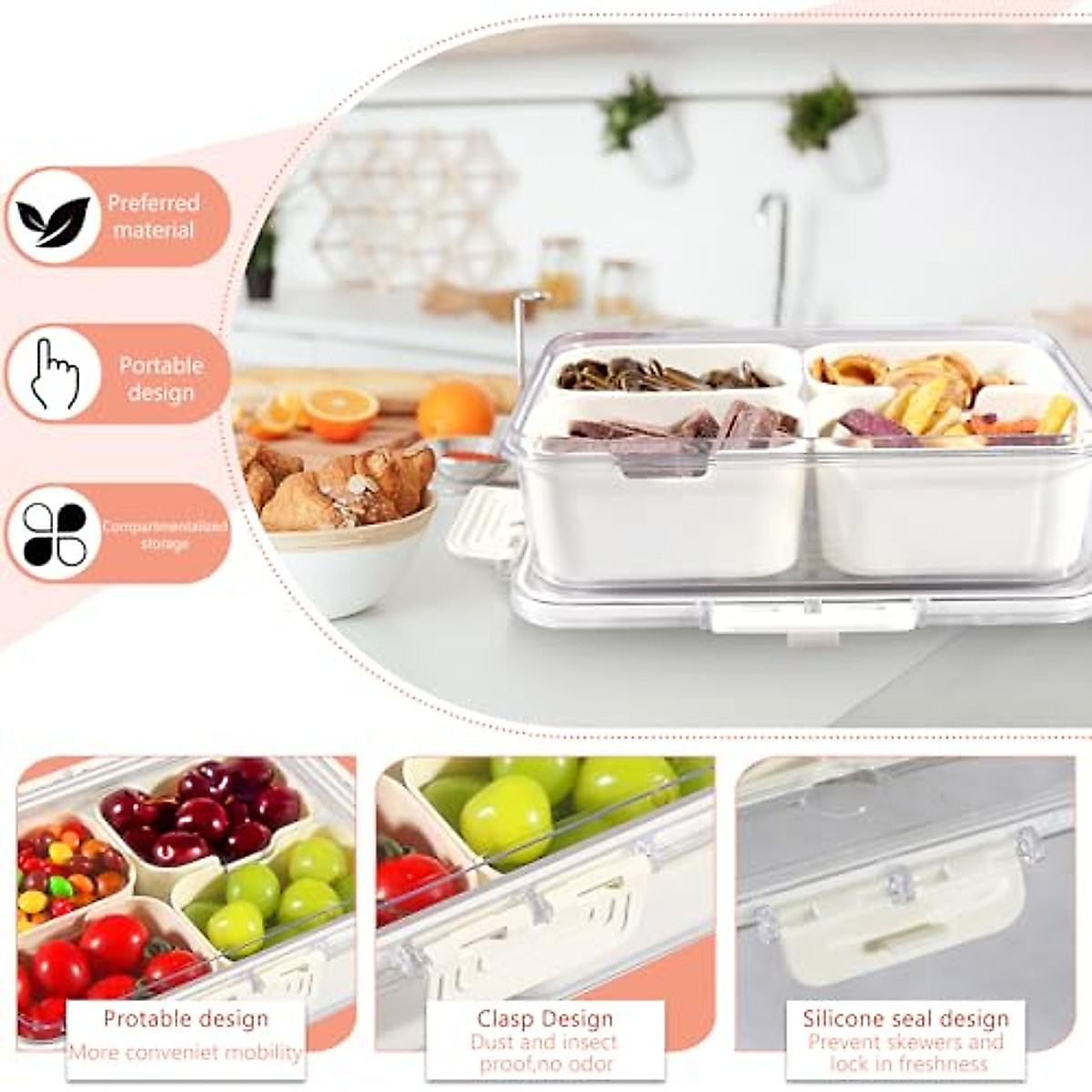 TUYSKE 4 Compartment Snack Box Container-Divided Serving Tray with Dishwasher Safe Inner Boxes for Fruit, Veggie