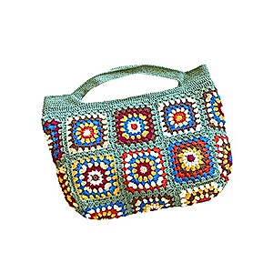 Granny Square Blocking Handmade Crochet Shoulder Tote Bag Vintage Boho Hippie Unique Artistic Handbag Kintting EN8