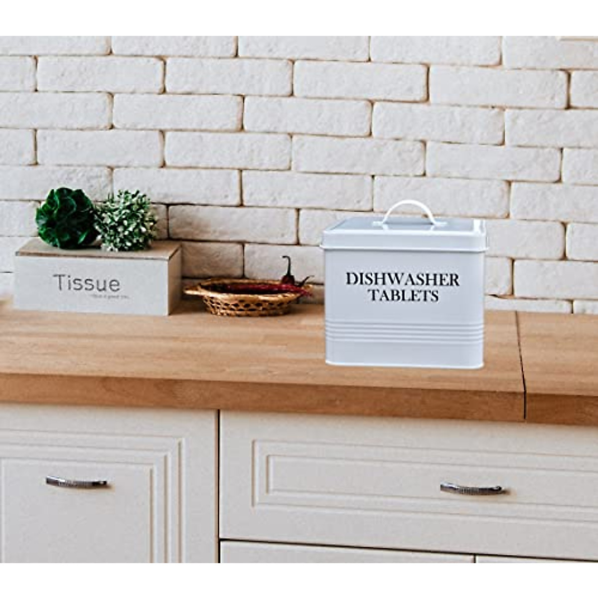 Metal Dishwasher Detergent Pods Containers -White Dish Washer Tablets with Lid for Kitchen Decor and Accessories